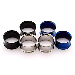 Mystic Metals Body Jewelry Set of 3 Pairs Steel Double Flare Tunnels - 7/16" - 11mm - (Blue, Black, Steel)