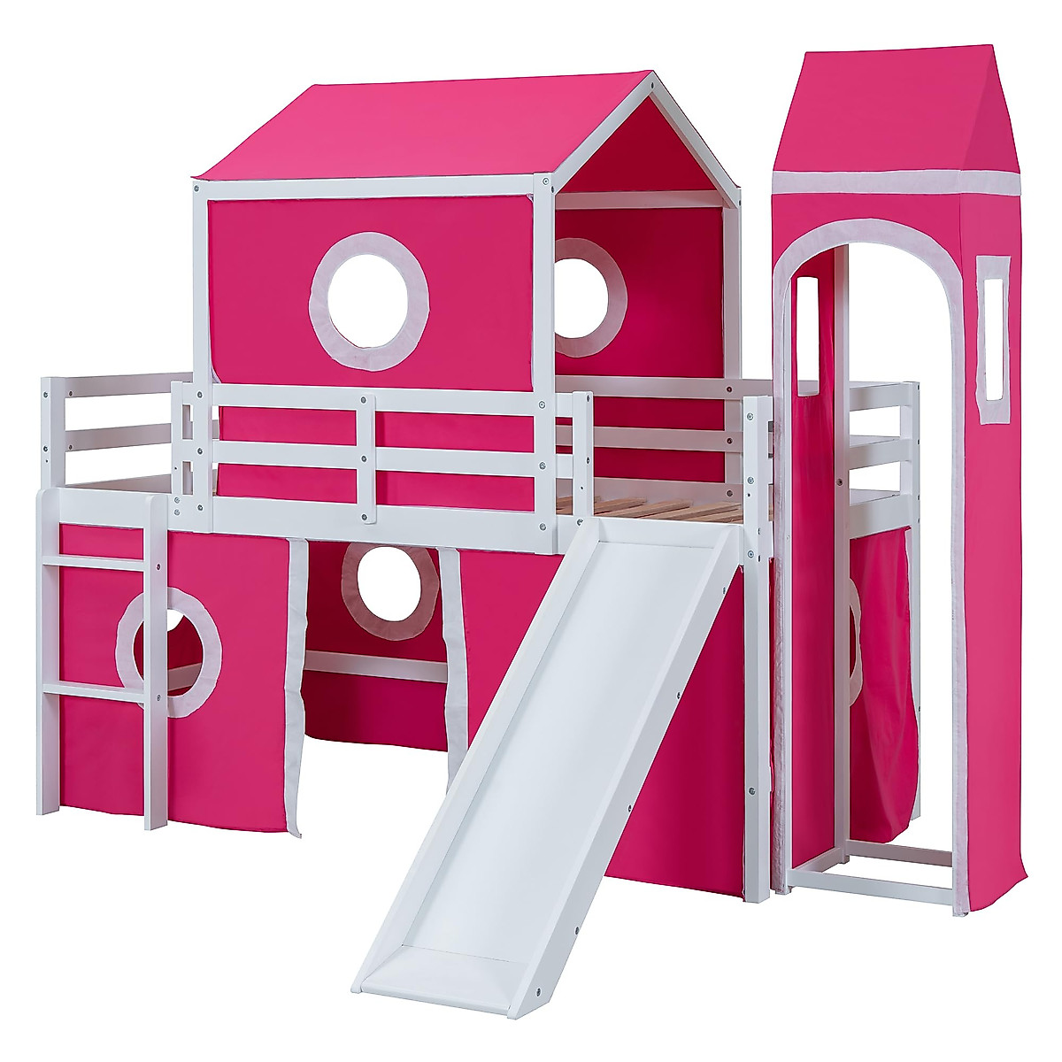 Full Size House Loft Bed Kids Loft Beds with Slide, Tent and Tower, Solid Wood Loft Bed with Small Pinnacle for Kids Girls Boys Teens (Pink)