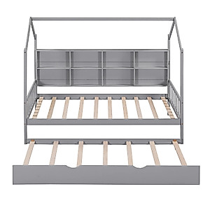 Bellemave Twin Size House Beds with Trundle and Storage Shelves, Kids Montessori Bed Wood Playhouse Tent Bed Frame for Girls Boys, Gray