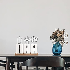 CHONIC Farmhouse Silverware Holder, Rustic Wood Silverware Caddy with Tray, Spoon Fork Knives Flatware Dispenser, Utensil Countertop Organizer, Plastic Cutlery Holder for Kitchen Party (White)