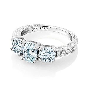 Gem Stone King 10K White Gold Sky Blue Aquamarine and White Lab Grown Diamond 3 Stone Engagement Ring For Women (1.79 Cttw, Oval Gemstone March Birthstone, Available in size 5, 6, 7, 8, 9)