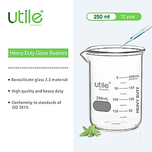 Utile 12pcs of Heavy Duty Glass Beakers, Vol.250m(8.5oz), Borosilicate 3.3 Glass with Double Scaled Printed Graduation, 4046.0250.12