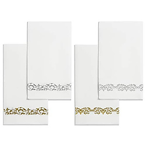Decorative Hand Towels and Hand Towel Metal Tray for Guest Bathroom, Corporate Bathroom, Hotel Bathroom - Silver Brocade Pattern Paper Towels for Guest with Silver Metal Vanity Tray
