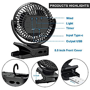 Portable Fan with Remote Control & Timer & LED Lights, 60hrs 12000mAh USB Rechargeable Battery Fan Could Clamp/Hanging/Stand Up, Small Clip on Fan for Baby Stroller, Bed, Desk, Camping Tent, Trave