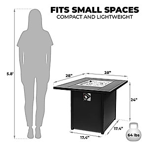 Outland Living Main Street 430 Model Square Fire Pit Table for Outside Patio – 28" Compact Outdoor Propane Gas Fire Table, Black – with Glass Rocks Set, Pre-attached 1m Hose and Regulator
