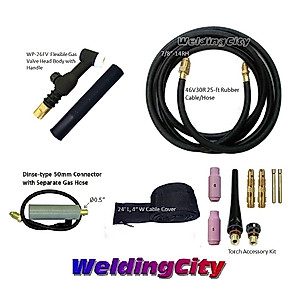 WeldingCity 200-amp WP-26FV (Flexible Head w/Gas Valve) Air-cooled TIG Welding Torch Complete Package with 25-ft Power Cable Hose and Dinse 35-50 (Solid 1/2"-pin) Cable Adapter (with Separate Gas)