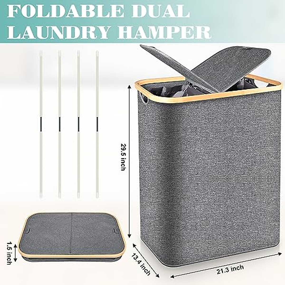 Double Laundry Hamper with Lid, Hampers for Laundry 2 Compartment Divided Laundry Hamper with 2 Removable Bags, Laundry Basket 2 Section Foldable Clothes Basket with Handles,130L