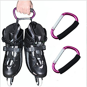 Magnoloran 4 Pack Grocery Bag Shopping Bag Holder Handle Carrier Tool Baby Stroller Hook Stroller Organizer Hook Clips Multi Purpose Snap Hook Carabiner Clip with Cushion Grip, Black & Purple