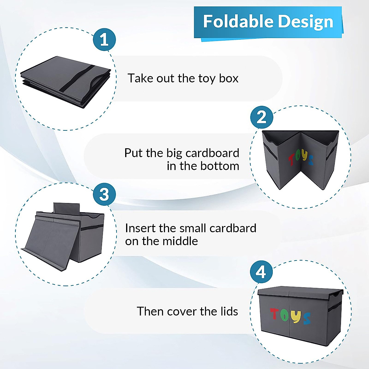 YOLOXO Toy Box Chest, Collapsible Sturdy Storage Bins with Lids, Extra Large Kids Toy Storage Organizer Boxes Bins Baskets for Kids, Boys, Girls, Nursery Room, Playroom, Closet (A-TBX-GRAY-MULTI)