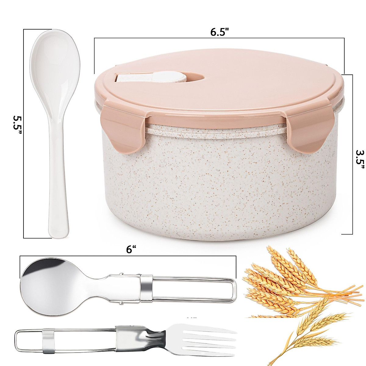 AI LOVE PEACE Microwave Instant Ramen Lunch Bowl Wheat Straw with Steam Release Vent Airtight Clip Lock Container,Microwave Safe ramen bowl with chopsticks for Working Adults, and Families