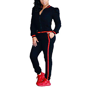 Casual Long Sleeve Zip Up Jacket and Pants Sweatsuits Tracksuits 2 Pieces outfits for Ladies,Black,Tag XL/US(12-14)