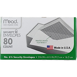 Mead #6-3/4 Envelopes, Security Printed Lining for Privacy, Gummed Closure, All-Purpose 20-lb Paper, 3-5/8" x 6-1/2", White, 80/Box (75212)