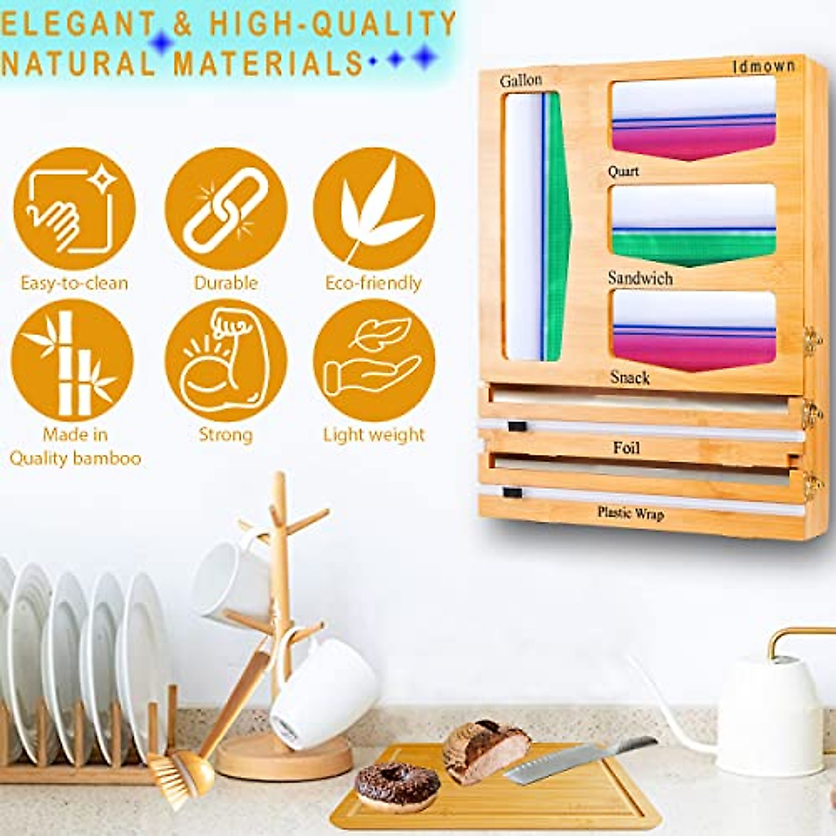 IDMOWN Ziplock Bag Organizer, Foil And Plastic Wrap Organizer, 6 In 1 Kitchen Drawer Organizer Compatible With Gallon Quart Sandwich Snacks, Wrap Dispenser With Cutter, Cutting Board and Washing Brush