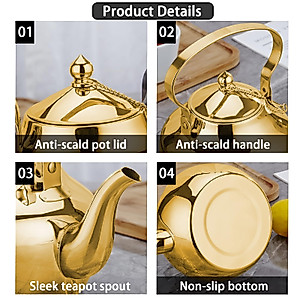 2000ml Gooseneck Teapot with Removable Infuser, 2.1qt Hot Water Kettle Boiling Water Pot, Stainless Steel Tea Kettle, Stovetop Safe Teapot Coffee Kettle for Coffee Blooming, Loose Tea, Gold