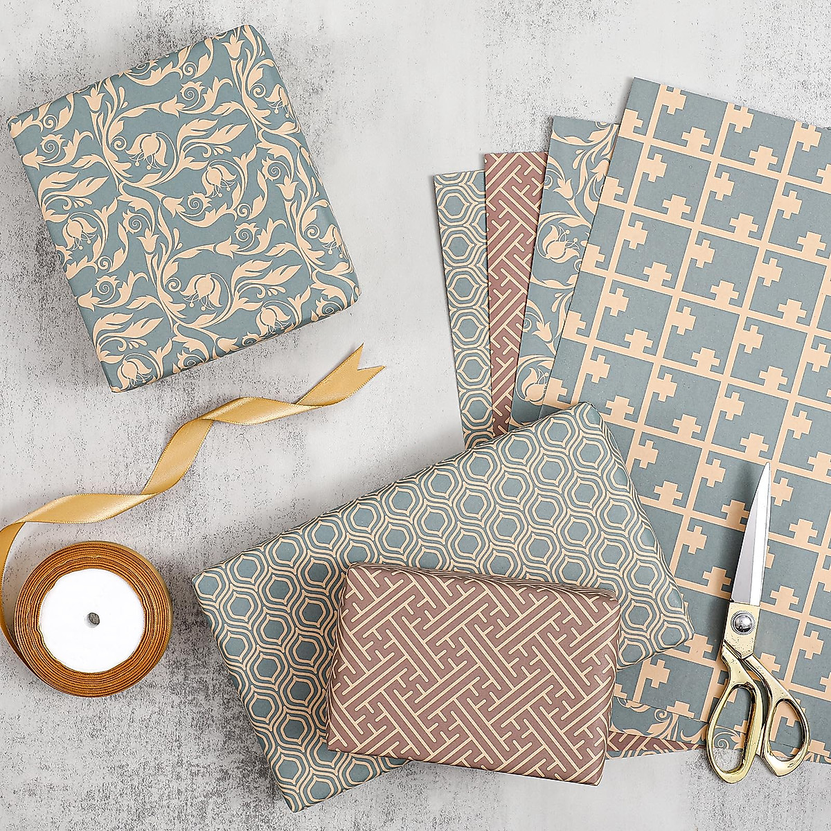 PlandRichW Kraft Wrapping Paper Folded 12 Sheets, Navy Geometric Design Kraft Paper for Christmas, Birthday, Holiday, Party, Baby Shower, Pre-Cut Each 20 X 29 Inches