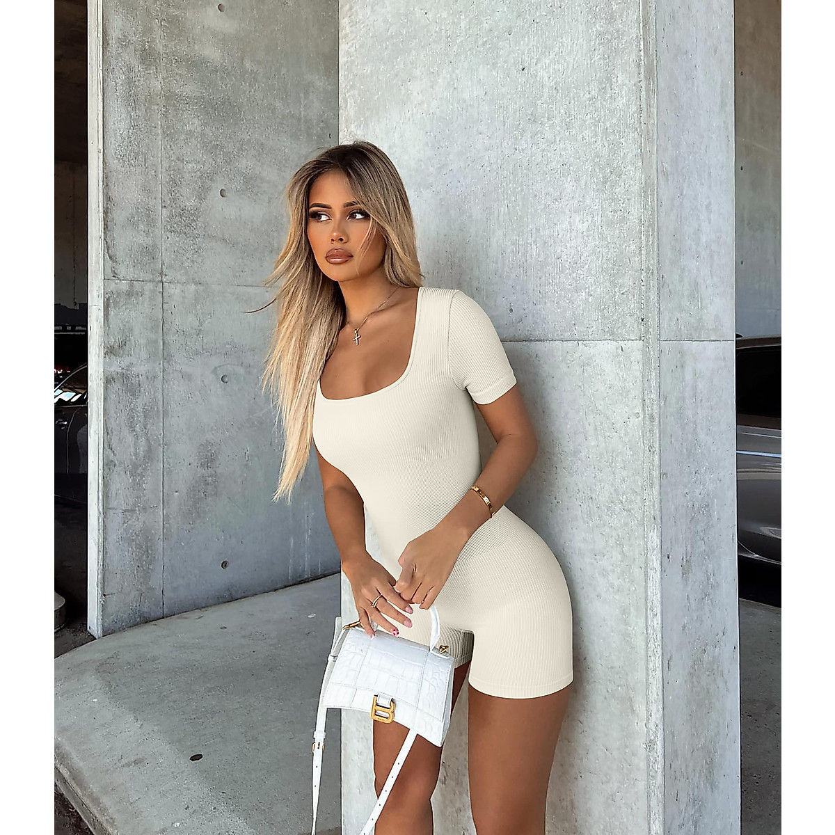 OQQ Women's Yoga Workout Ribbed Short Sleeve Sport Romper, Beige, Large