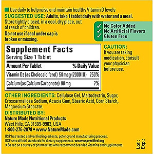 Nature Made Vitamin D3 2000 IU (50 mcg), Dietary Supplement Bone Teeth Muscle and Immune Health Support 100 Tablets ( Pack of 1)