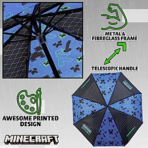 Minecraft Kids Folding Umbrellas, Durable & Compact Umbrella, Windproof Travel Umbrella for Boys and Girls (Black/Blue)