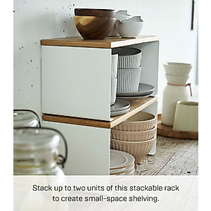 Yamazaki Home Wood-Top Stackable Kitchen Rack-Modern Counter Shelf Organizer, White