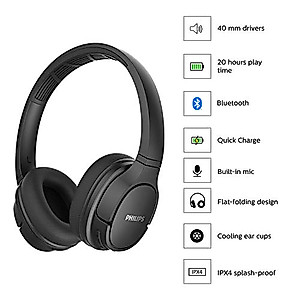 Philips ActionFit SH402 Wireless Bluetooth Headphones, IPX4 Splash-Resistance, Up to 20+ Hours of Play time, Echo Cancellation, Quick Charge, Smart Pairing and Cooling Earcups - Black (TASH402BK)