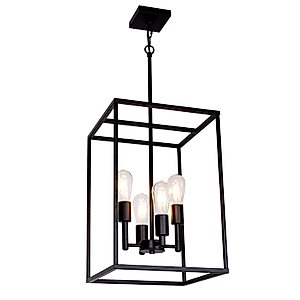 VINLUZ 4 Light Large Industrial Metal Farmhouse Pendant Light Black Square Wide Cage Chandelier with Painted Finish for Dining Room Foyer Living Room Cafe Bar