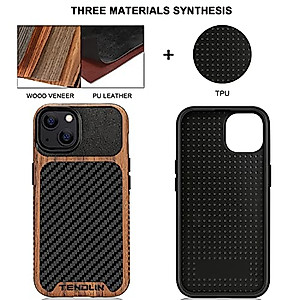 TENDLIN Compatible with iPhone 13 Case Wood Grain with Carbon Fiber Texture Design Leather Hybrid Case Compatible for iPhone 13 6.1-inch Released in 2021 Black
