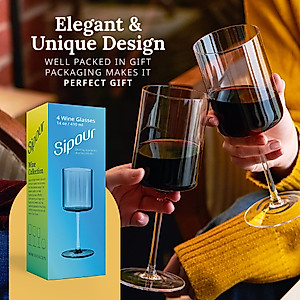 Square Wine Glasses Set of 4 – 14oz Crystal Wine Glasses – Elegant & Modern Long Stem Wine Glasses for White & Red Wine – Hand-Blown Lead-Free Large Wine Glass