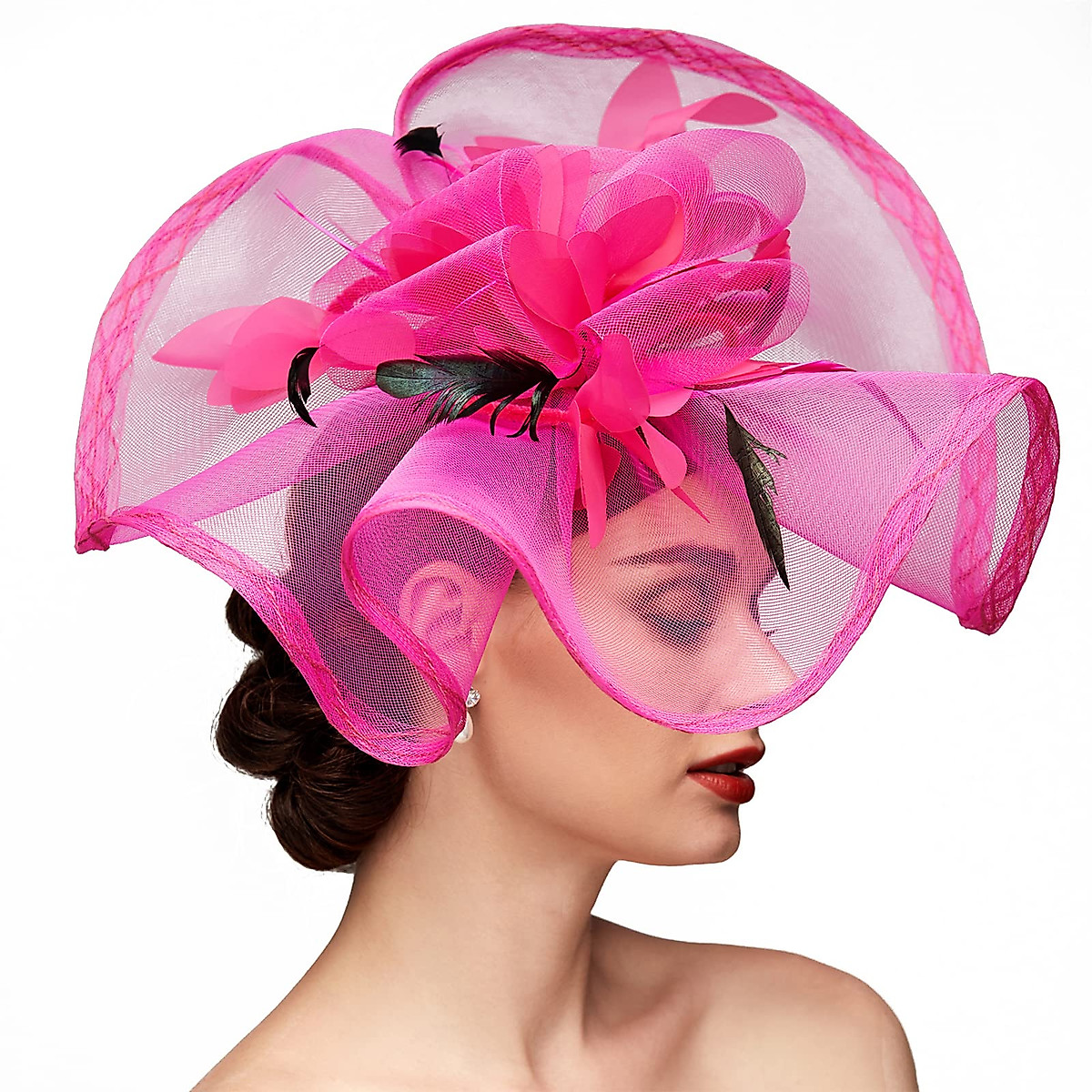 TS Fascinators Hat Mesh Floral Feather Fascinator Headband for Wedding Cocktail Tea Party or Special Occasion(Fuchsia)