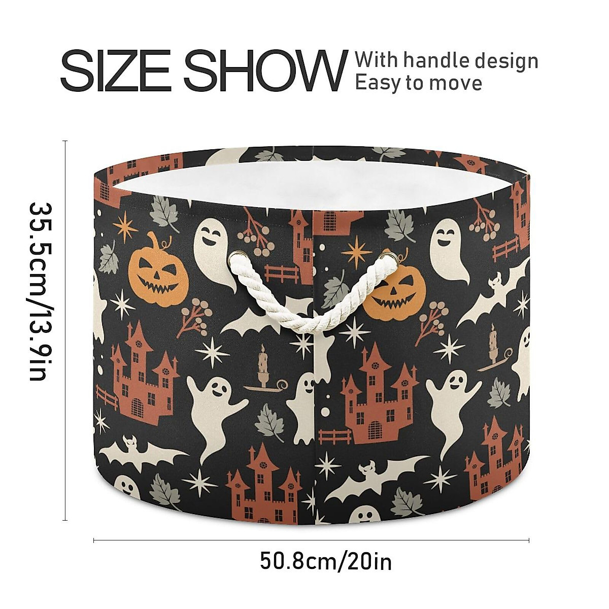 Krafig Halloween Pattern Ghosts Castle Pumpkin Bat Round Collapsible Storage Basket, Large Toy Storage, Laundry Baskets, Open Home Storage Bins for Toy Organizer, Home Decor, Clothes, Toys
