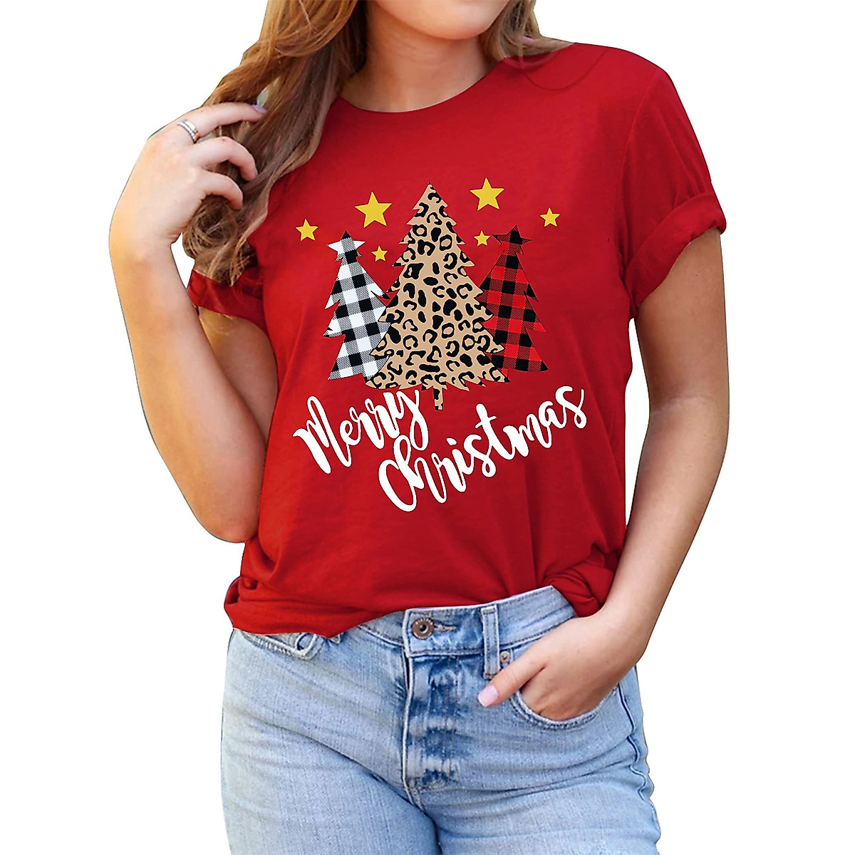 MAIHUN Merry Christmas Shirts for Women Leopard Plaid Christmas Trees Shirt Xmas Holiday Tee Tops
