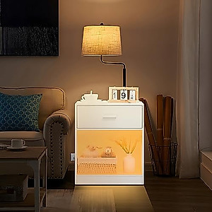 Quimoo Nightstand Set of 2, Night Stand with Charging Station and LED Light, Bedside Table with 1 Drawer, Modern Nightstand with 1 Open Storage Storage for Living Room,White