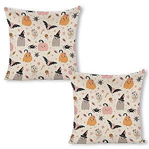 Cute Halloween Ghost Cat Throw Pillow Covers 18×18 Pillowcases Set of 2 Autumn Pumpkin Linen Decorative Square Pillow Case Cushion Covers Standard Size for Sofa Couch Outdoor Bed Pillow Protectors