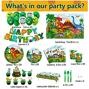 Dinosaur Birthday Decorations Kit For Boys Dinosaur Party Supplies Dino Backdrop Plates Cups Napkins Banner Balloon Tablecloth Cake Toppers