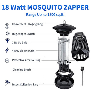 NOBUZZ Bug Zapper Outdoor Indoor, 4200V 18W Electric Mosquito Zapper, Fly Traps, Fly Zapper, IPX6 Waterproof Mosquito Killer for Home Patio Office Courtyard