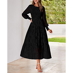 BTFBM Casual Women's 2025 Spring Dresses Elegant Wedding Guest Dress Long Sleeve Floral Midi Dress Flowy Bohemian Long Dress(Black,Small)
