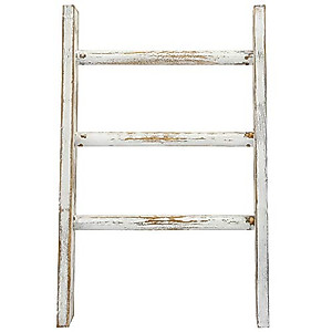 MyGift 16 Inch Rustic Whitewashed Wood Countertop Kitchen Towel Ladder with 3 Rungs, Farmhouse Bathroom Hand Towel Holder Rack