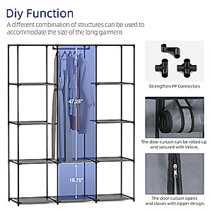 HODYANN Portable Closet, Wardrobe Closet with 10 Storage Shelves and 2 Hanging Rods, Non-Woven Fabric Cover, 52.4 x 18.1 x 66.6 Inches Closet Organizer for Bedroom, Gray