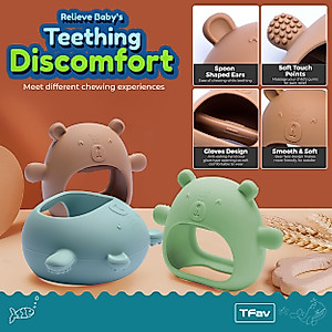 TFav Baby Bear hand Teether -3 pc Blue, Brown & Green -Silicone Teething mitt for 0-6 Months Boys -Hand Pacifier That Fits on Fist -Wearable Gloves Chew Toy -Calm Down The Fussy Baby
