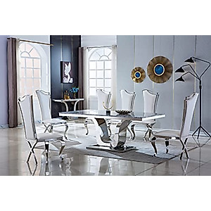 78'' Marble Dining Room Table for 6 or 8, Dining Table with Silver Stainless Steel "U" Shaped Pedestal, Rectangular Kitchen Table with 0.71'' Thick Gray Marble Tabletop, Mirror Finish Base(No Chairs)