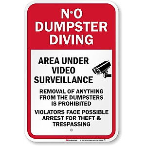 SmartSign 18 x 12 inch “No Dumpster Diving - Area Under Video Surveillance” Sign, 63 mil Aluminum, 3M Laminated Engineer Grade Reflective Material, Red, White and Black, Made in USA