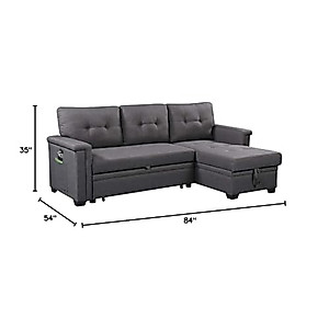 OMGO L-Shape Convertible Sleeper Sectional Sofa with Storage Chaise and Pull-Out Bed, Linen Upholstered Reversible Corner Couch w/USB Charger Ports and Pocket, 84, Dark Gray
