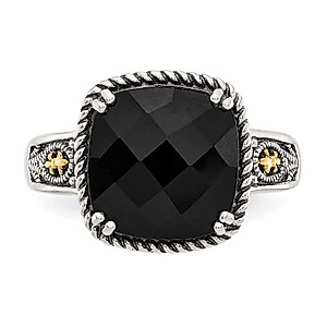 925 Sterling Silver and 14k Yellow Gold Onyx Ring Fine Jewelry For Women Gifts For Her, Size 7
