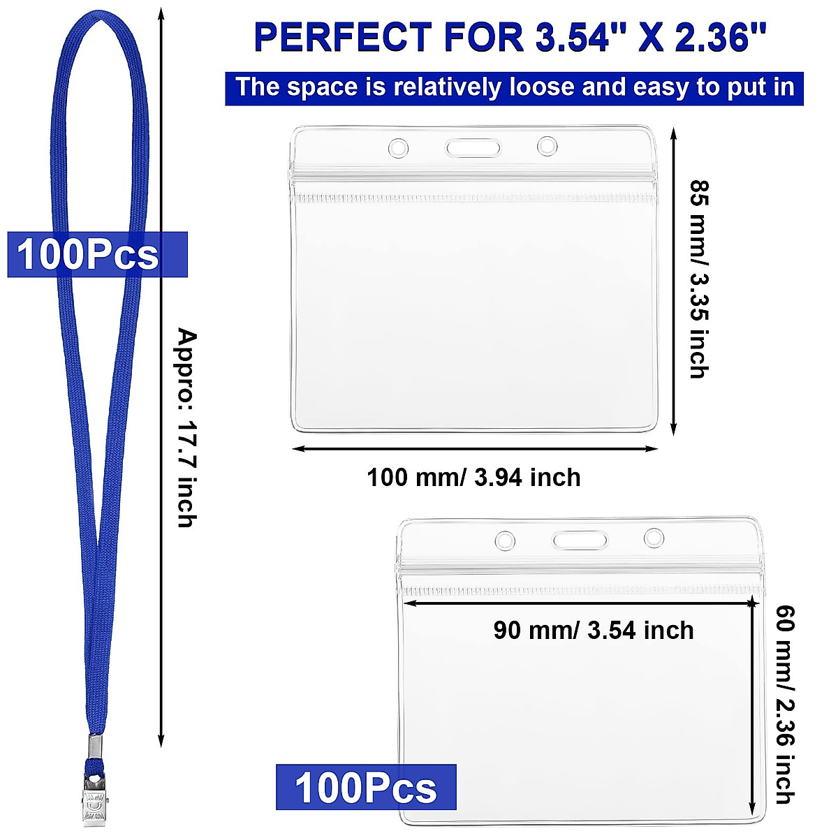 Marspark 100 Sets Clear Name Tags with Lanyard, Lanyards for ID Badges Reusable Strap with ID Holder Plastic Name Badges for Adults Business School Church Conference (Blue)