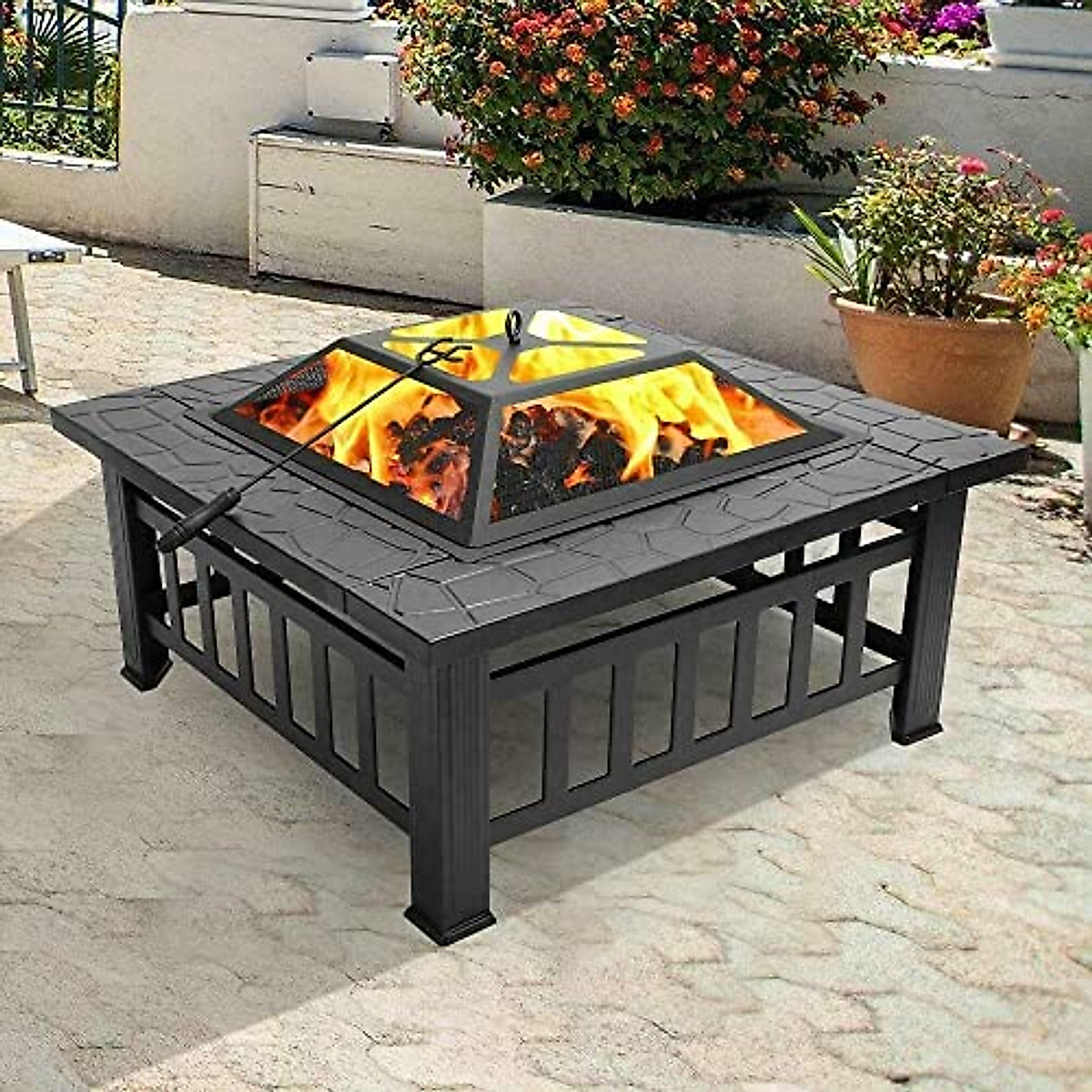 RMKOLE Firepit 32" Outdoor Metal Fire Pit Backyard Patio Garden Square Stove FirePit Heater