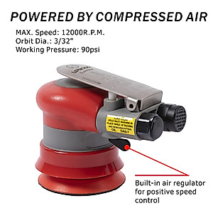 Pneumatic random orbital sander 3-inch light weight palm sander 3/32" (2.5 mm) diameter orbit 12000 RPM with extra backing pad and 12pcs sandpaper