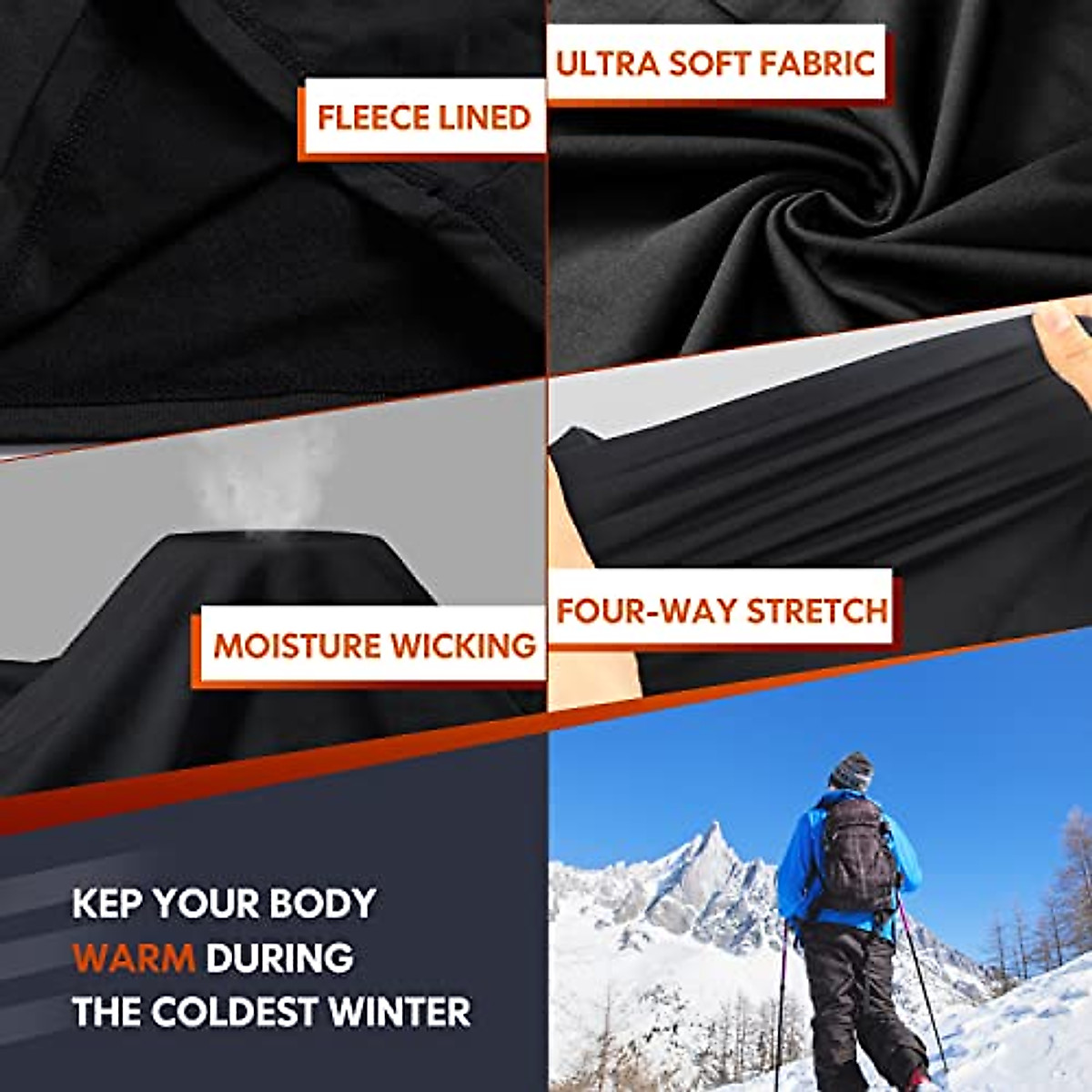 CL convallaria Thermal Underwear for Men, Long Johns Winter Hunting Gear Sport Base Layer Top and Bottom Set Midweight Black L