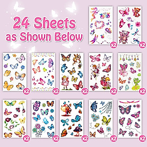 Partywind 24 Sheets Glitter Butterfly Temporary Tattoos, 240 Styles Pink Butterfly Party Supplies Favors for Girls Gifts, Fairy Flowers Party Decorations, Butterfly Baby Shower Decor