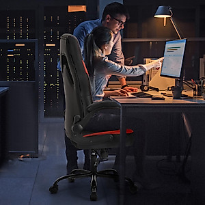 Sweetcrispy Computer Gaming Desk Chair - Ergonomic Office Executive Adjustable Swivel Task PU Leather Racing Chair with Flip-up Armrest for Adults, Kids, Men, Girls, Gamer, Black Red