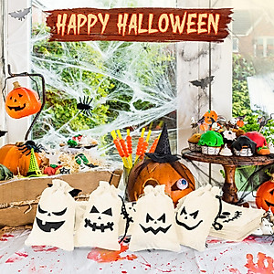 Shappy 48 Pcs 16 Styles Halloween Pumpkin Burlap Candy Bags Bulk with Drawstring Bags 4 x 6 Inch Pumpkin Goody Bags Trick or Treat Halloween Burlap Bags for Kids Halloween Party (White)