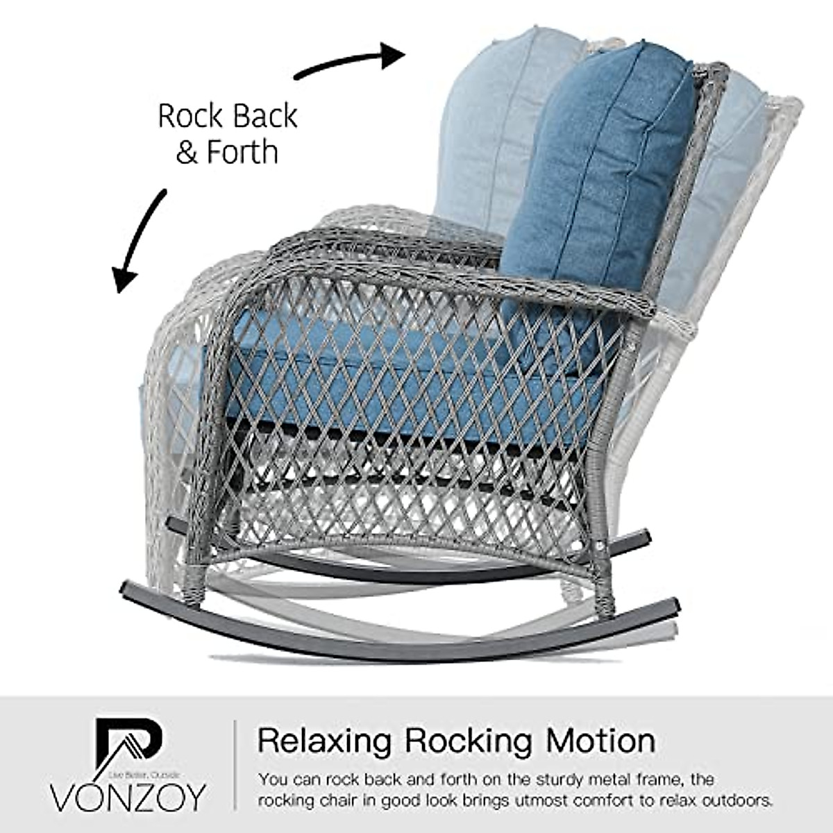 VONZOY Outdoor Rocking Chair, Wicker Patio Furniture with Thickened Cushions for Porch (Blue)